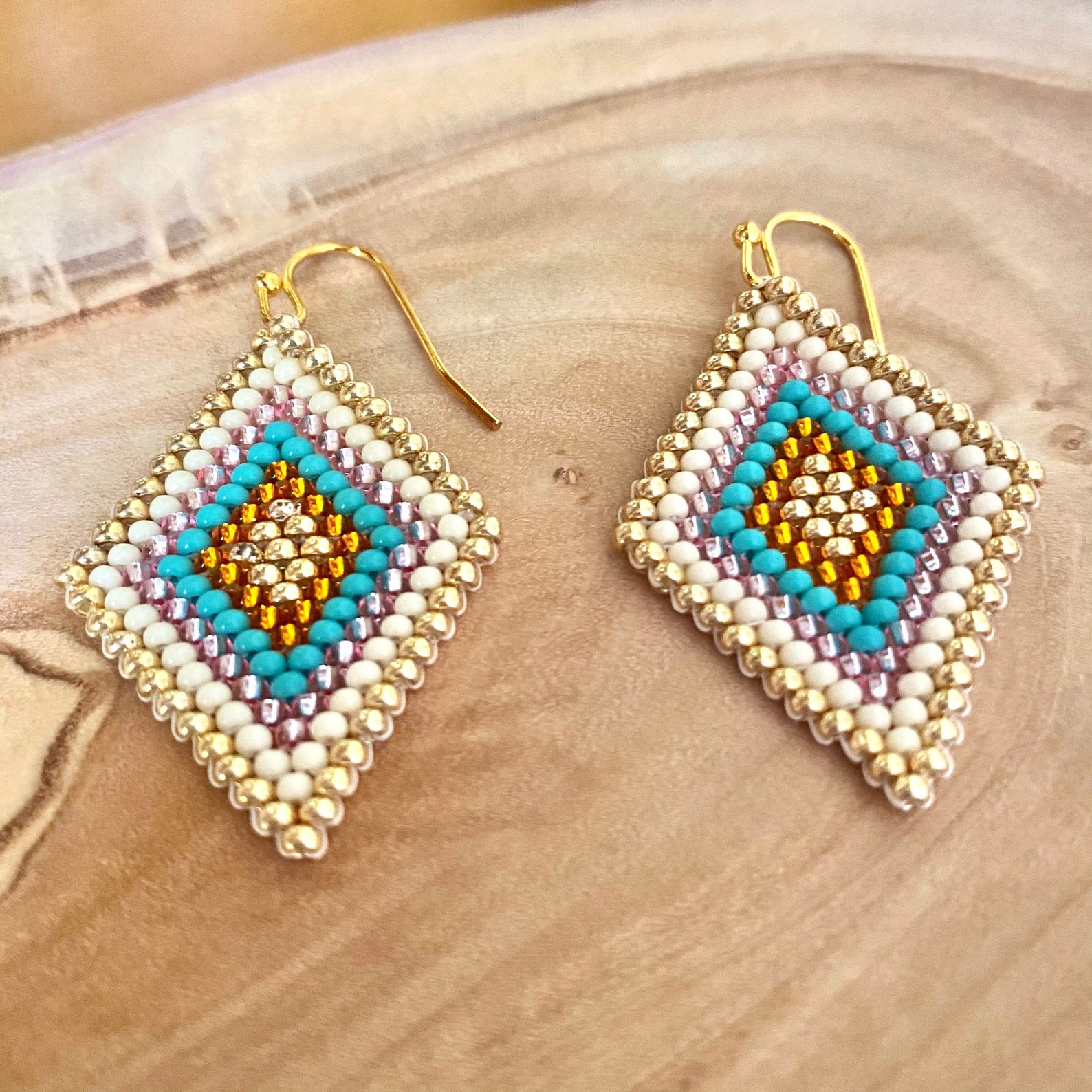 Diamond shape Handmade beadwork seed bead earrings | Etsy