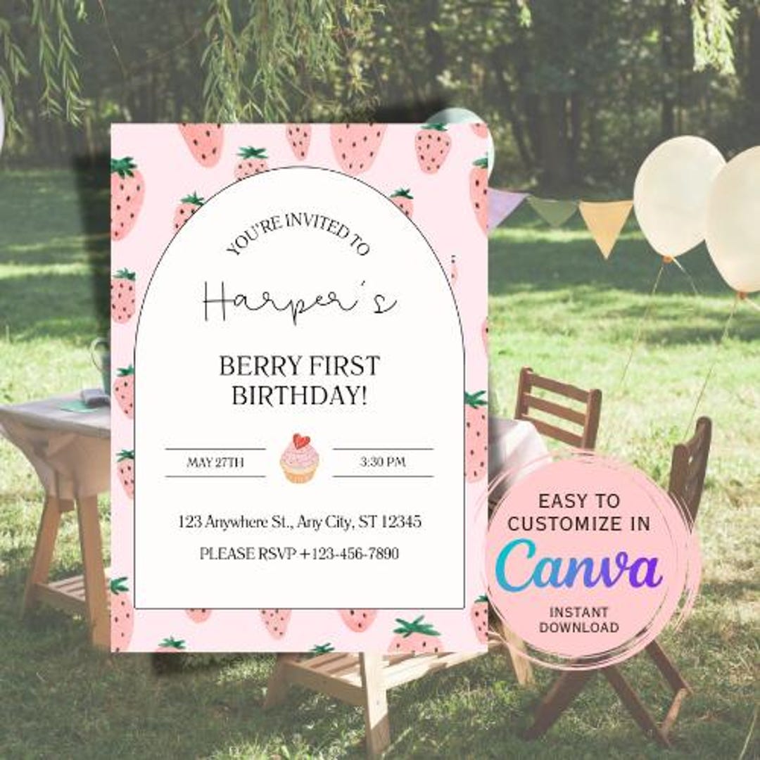 Berry First Birthday Invitation Template Strawberry Theme Party Invite ...