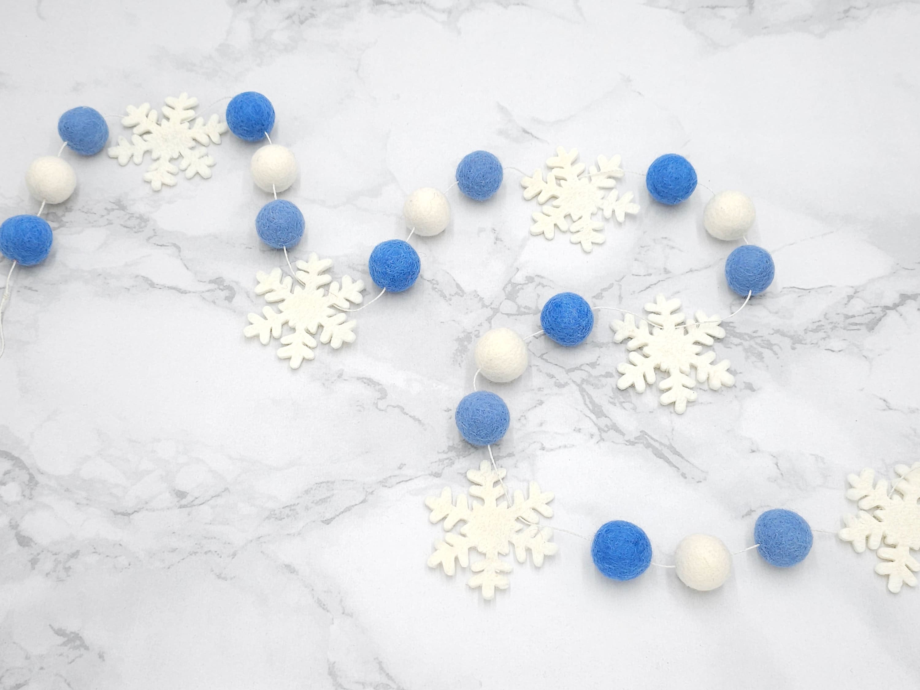 Snowflake Garland, Blue and White, Winter Garland, Felt Ball Garland ...