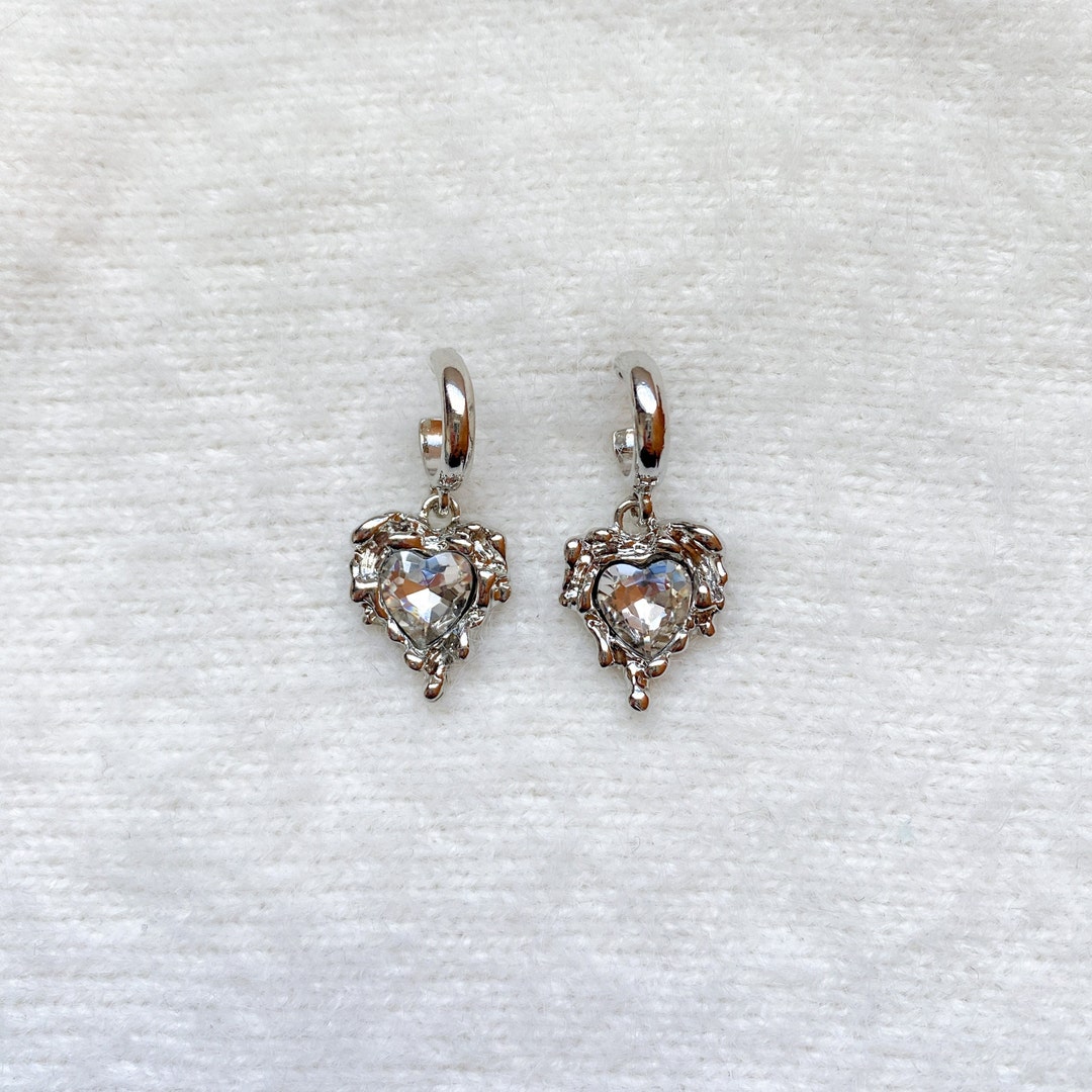 Silver Crystal Heart Huggies Kawaii Heart Huggies Color - Etsy