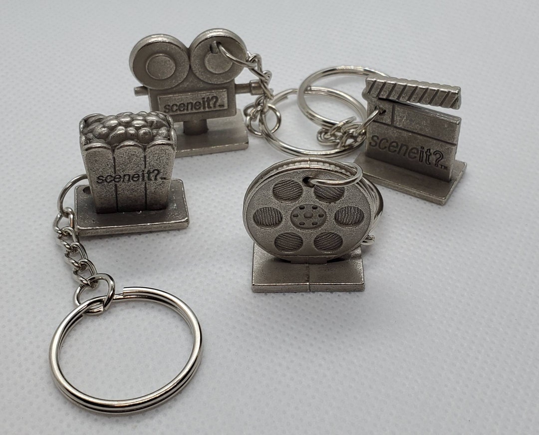 Upcycled Scene It Trivia Game Metal Token Keychains Movie Reel Popcorn ...