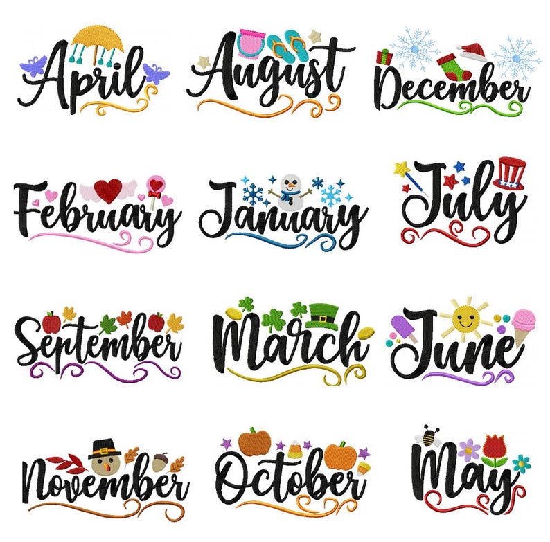 Calendar Months I -- Machine Embroidery Designs: Set of Twelve (4x4 ...