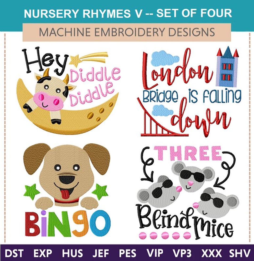 Nursery Rhymes Machine Embroidery Design: Set of Four (4x4, 5x7 & 6x10 ...