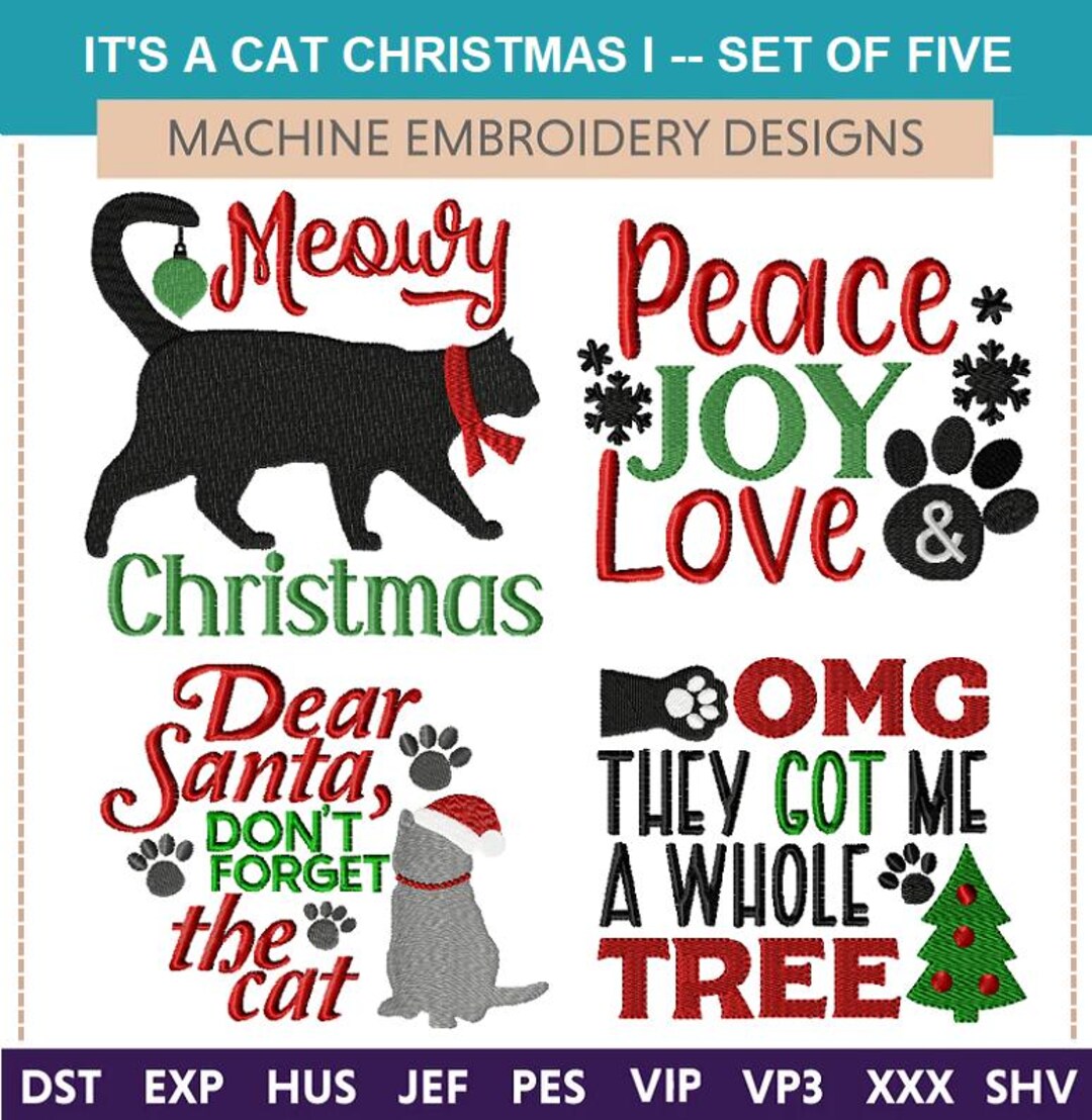 Christmas Cats Machine Embroidery Designs: Set of Five (4x4, 5x7 & 6x10 ...