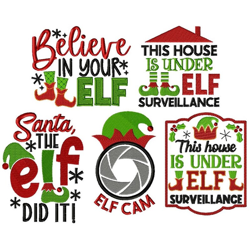 Christmas Elf Machine Embroidery Designs: Set of Five (4x4, 5x7 & 6x10 ...