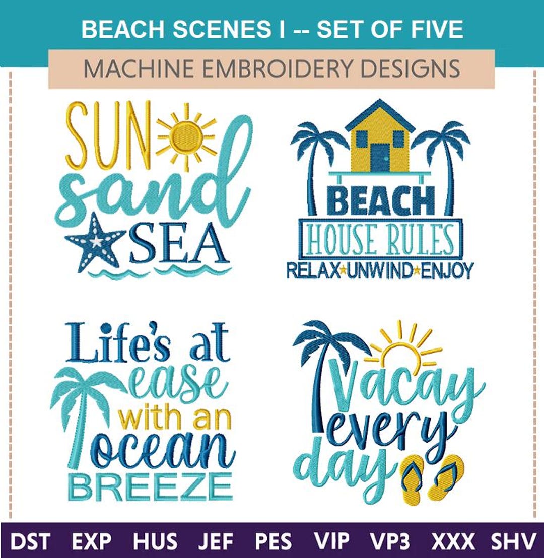 Beach Scenes Machine Embroidery Designs: Summer Vacation Applique (set ...