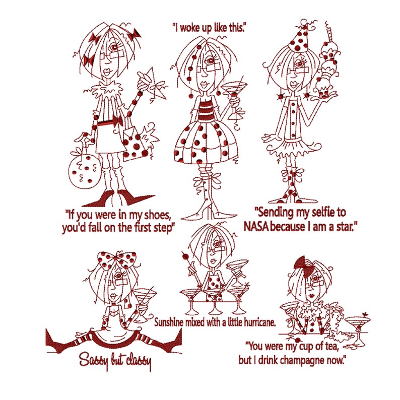 Sassy Party Girls -- Machine Embroidery Designs: Set of 12 (5x7 & 6x10 ...