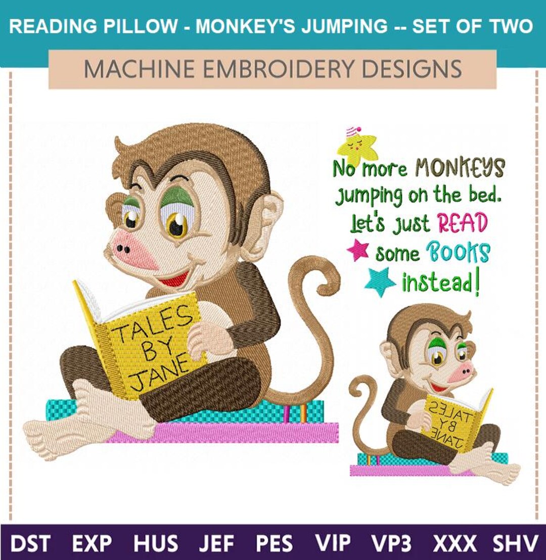 Jumping Monkey Reading Pillow -- Machine Embroidery Designs (set of Two ...
