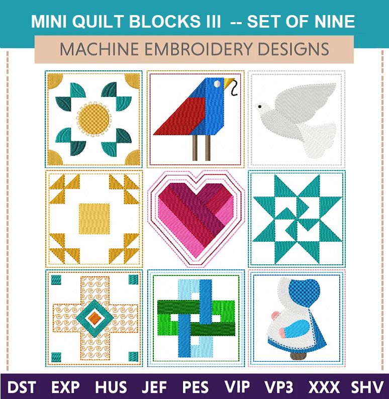 Mini Quilt Blocks III -- Machine Embroidery Design: Set of 9 (2x2, 3x3 ...