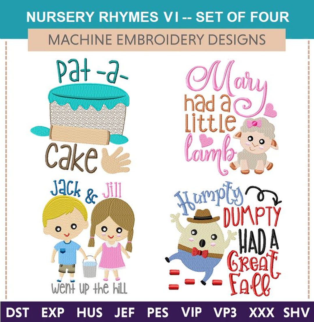 Nursery Rhymes Machine Embroidery Design: Set of Four (4x4, 5x7 & 6x10 ...