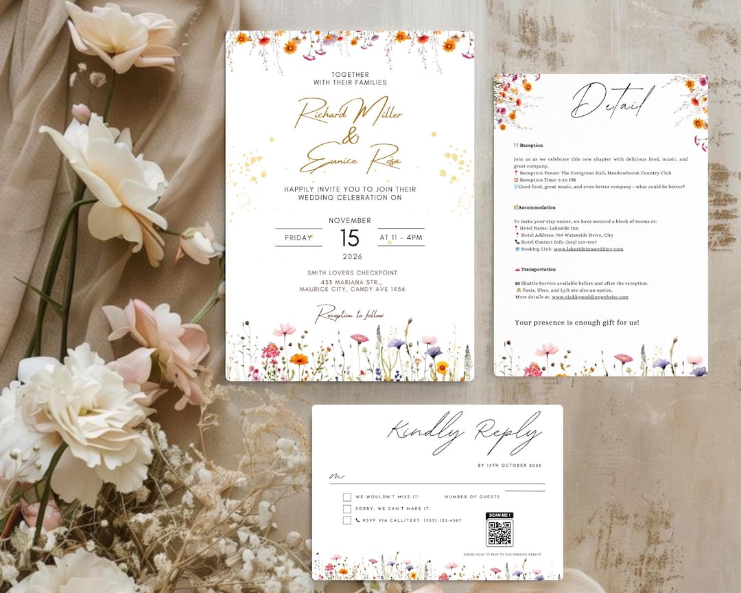 Summer Wildflower Wedding Invitation Set, Whimsical Floral Invitation ...