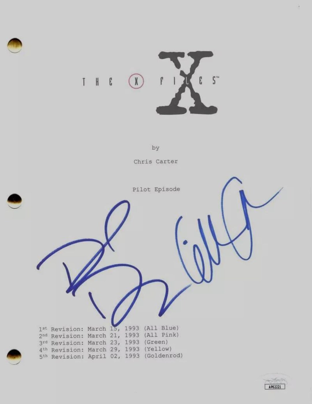 Gillian Anderson & David Duchovny Autographed Signed the X-files Pilot ...