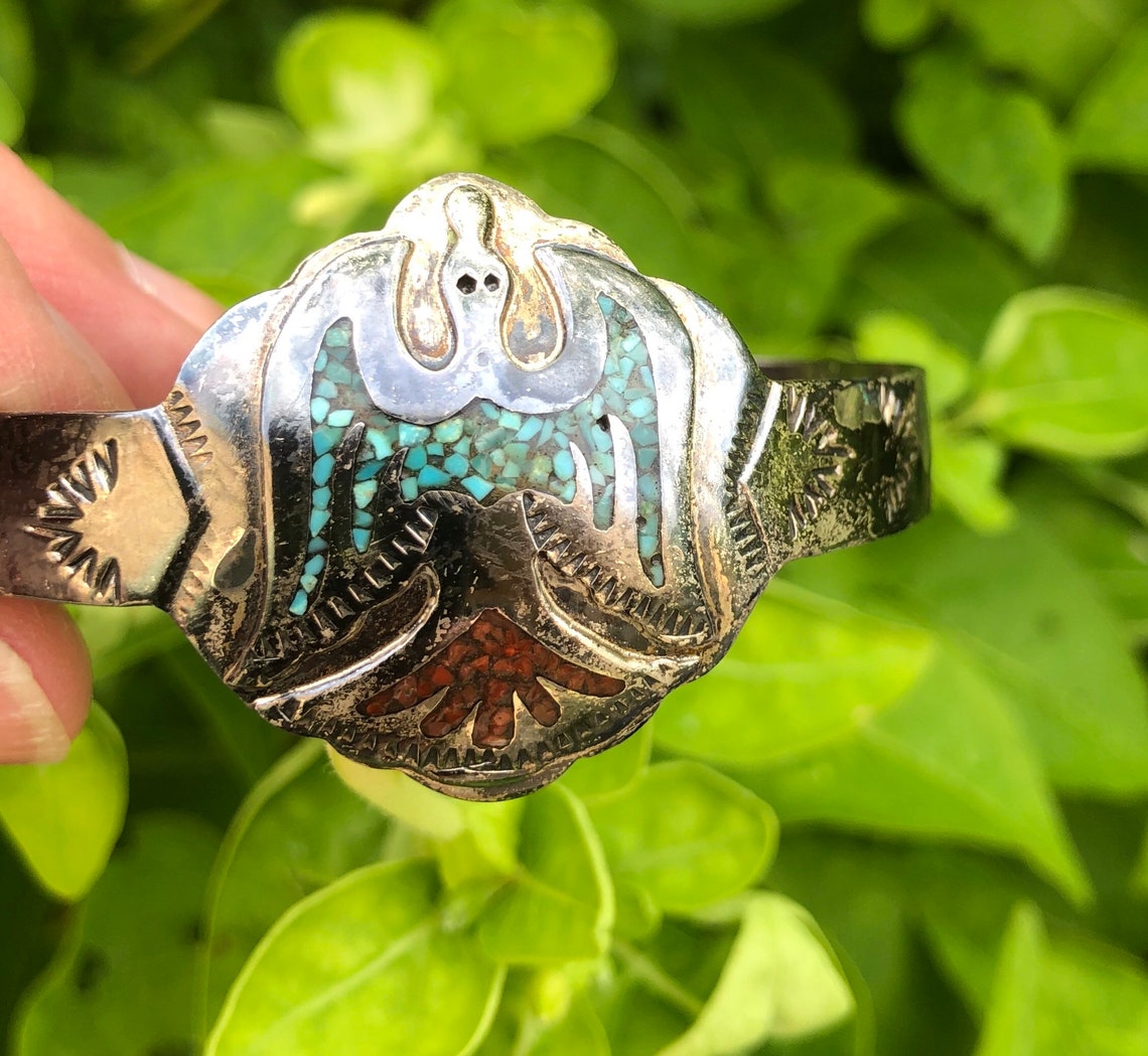 Vintage Peyote Water Bird Cuff Bracelet Inlaid Turquoise and Coral ...