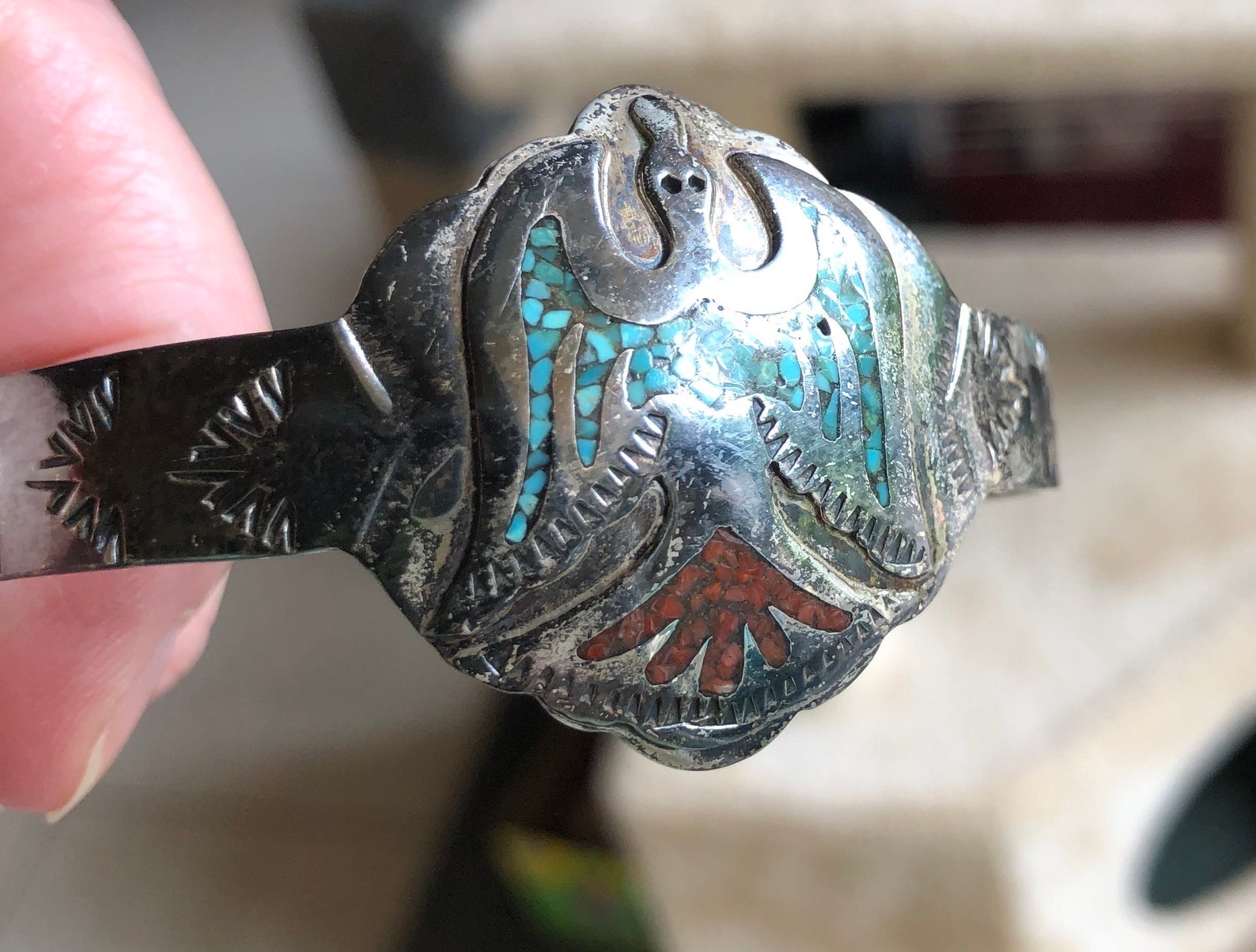 Vintage Peyote Water Bird Cuff Bracelet Inlaid Turquoise and Coral ...