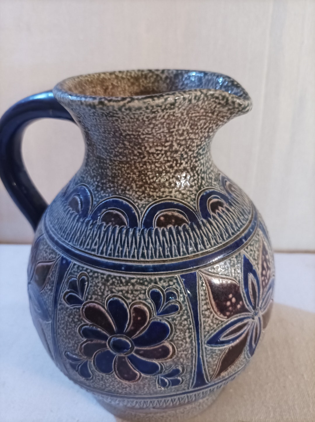 BLUE STONEWARE PITCHER Belly Vase-heavy Blue Vase Retro Ceramic ...