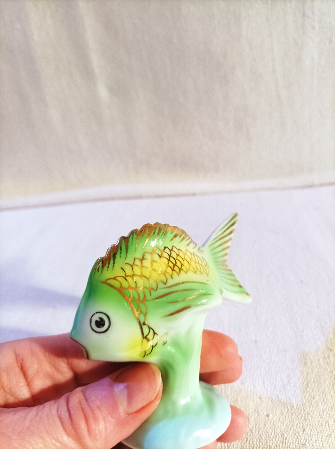VINTAGE PORCELAIN GOLD Fish 3 Hand Painted Gold& Yellow Green Ceramic ...
