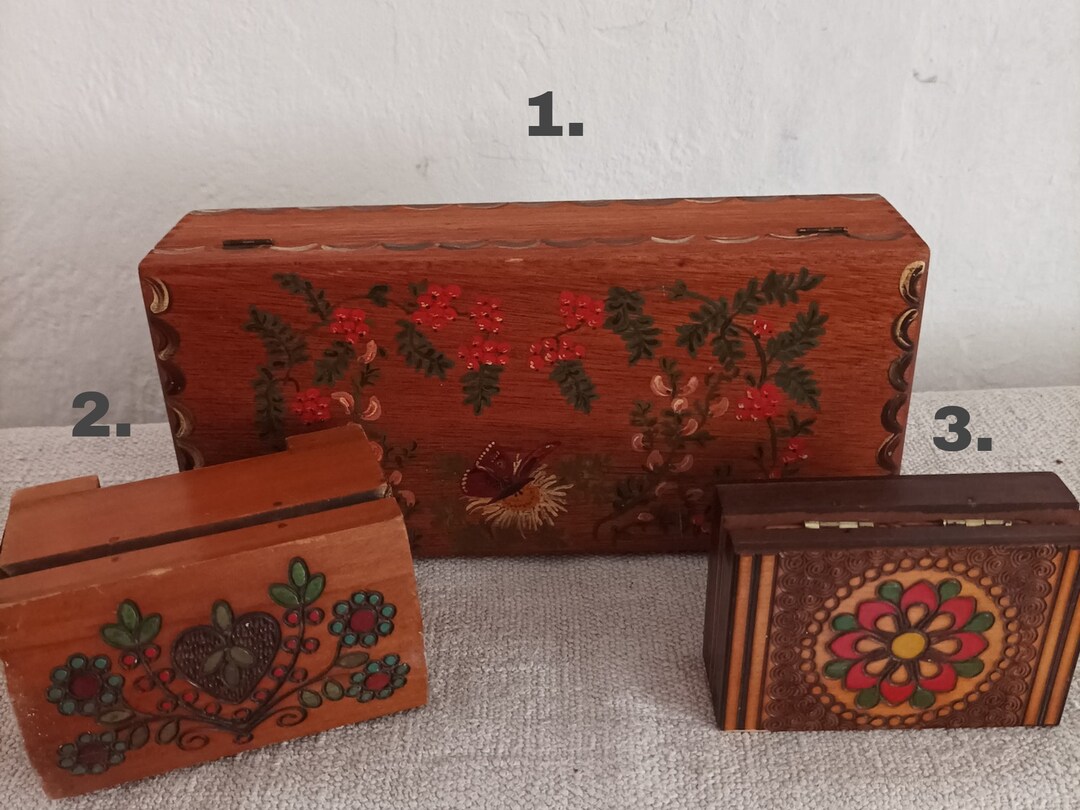 THREE WOODEN BOXES Vintage Folk jewellery Holder Ornate Handmade ...
