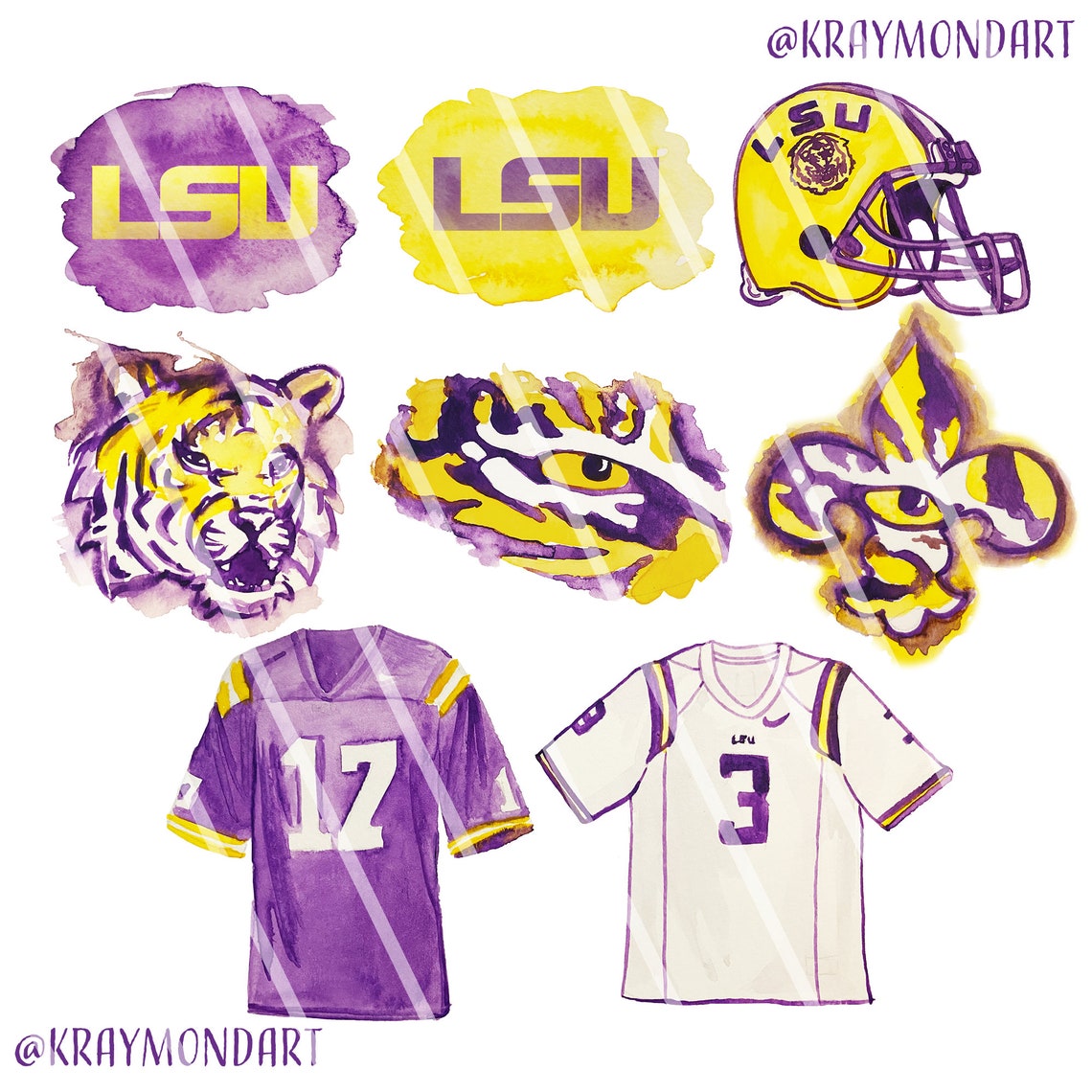 LSU Watercolor Illustrations Digital Printable Clipart 300 - Etsy