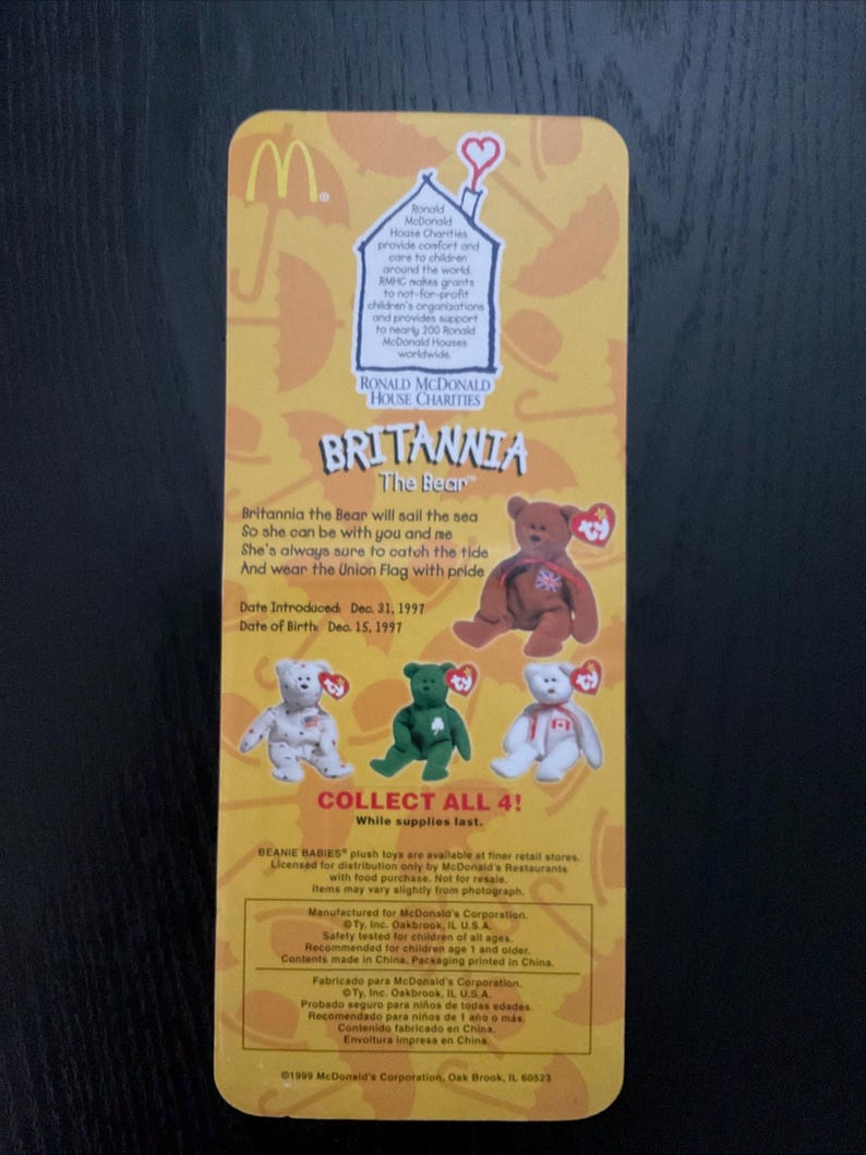 BRITANNIA the Bear- 1999 Ty Mcdonald’s Beanie Babies Rare With Tag ...