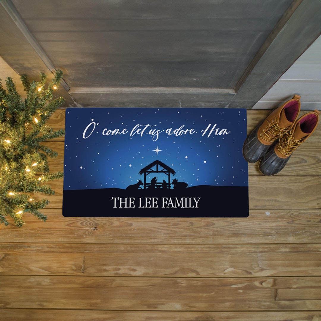 Let Us Adore Him Christmas Welcome Mat Nativity Scene Christmas Doormat ...