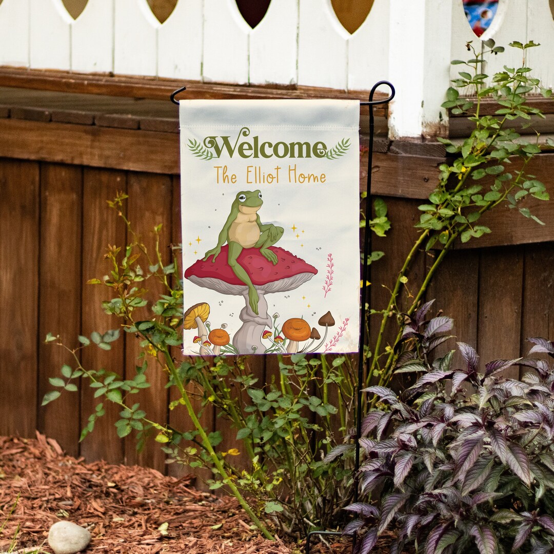 Mushroom Frog Welcome Flag | Personalized Spring Welcome Sign | Corky ...