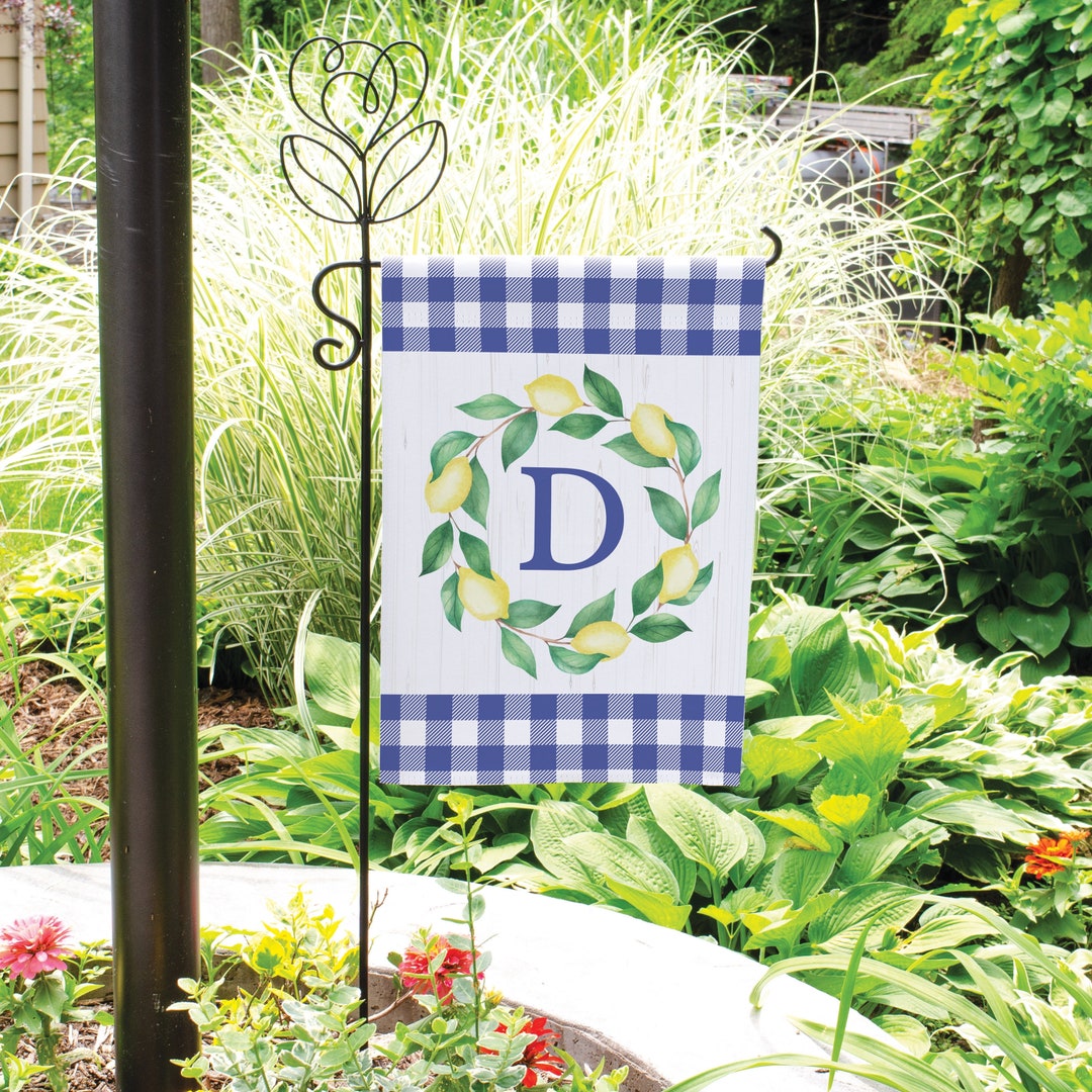 Lemon Garden Flag Monogram | Blue Gingham Garden Flag With Lemon Wreath ...