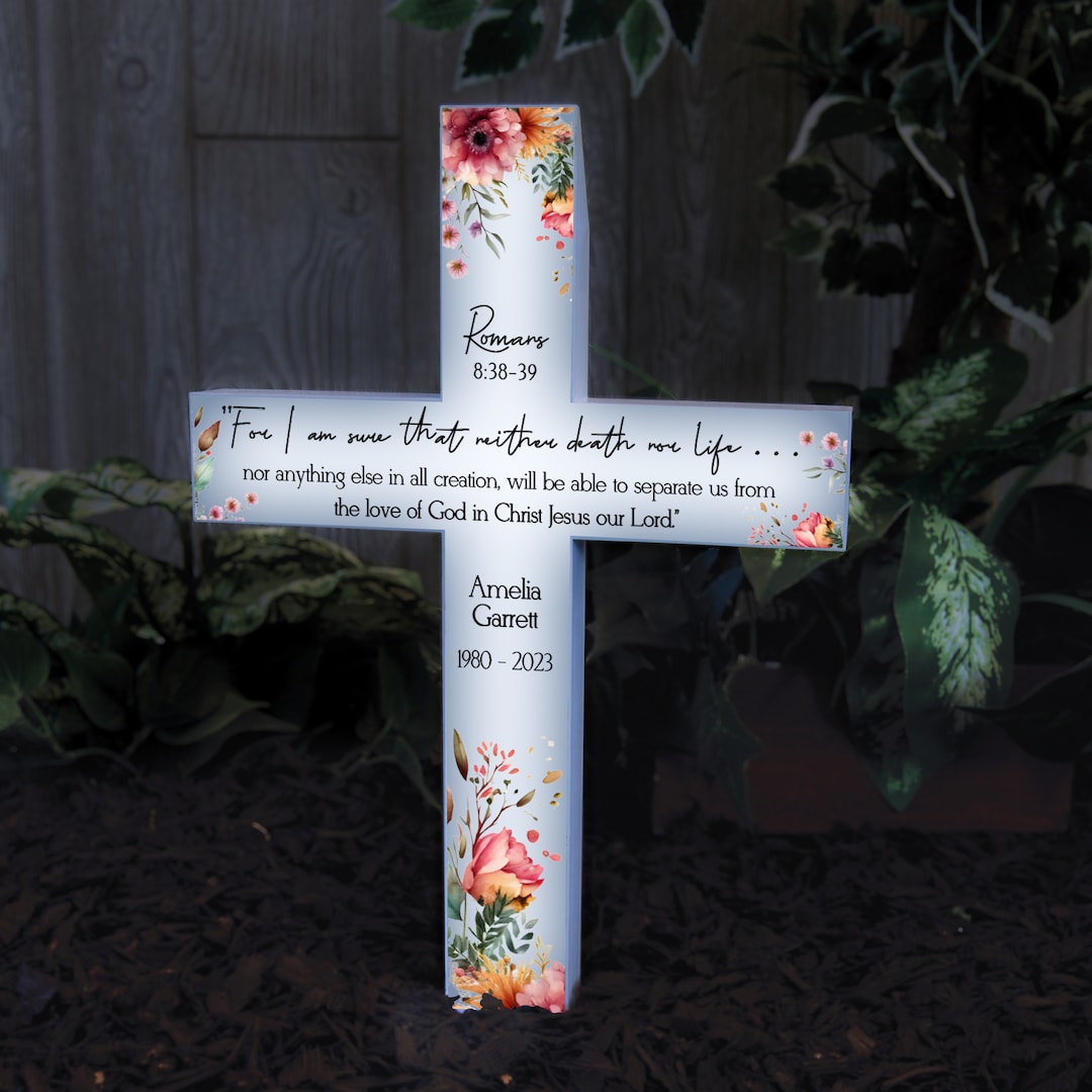 Religious Memorial Solar Cross Garden Stake | Romans Bible Verse Garden ...