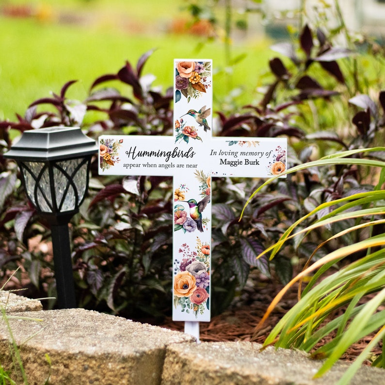 Hummingbird Memorial Solar Cross Garden Stake | Hummingbirds Appear ...