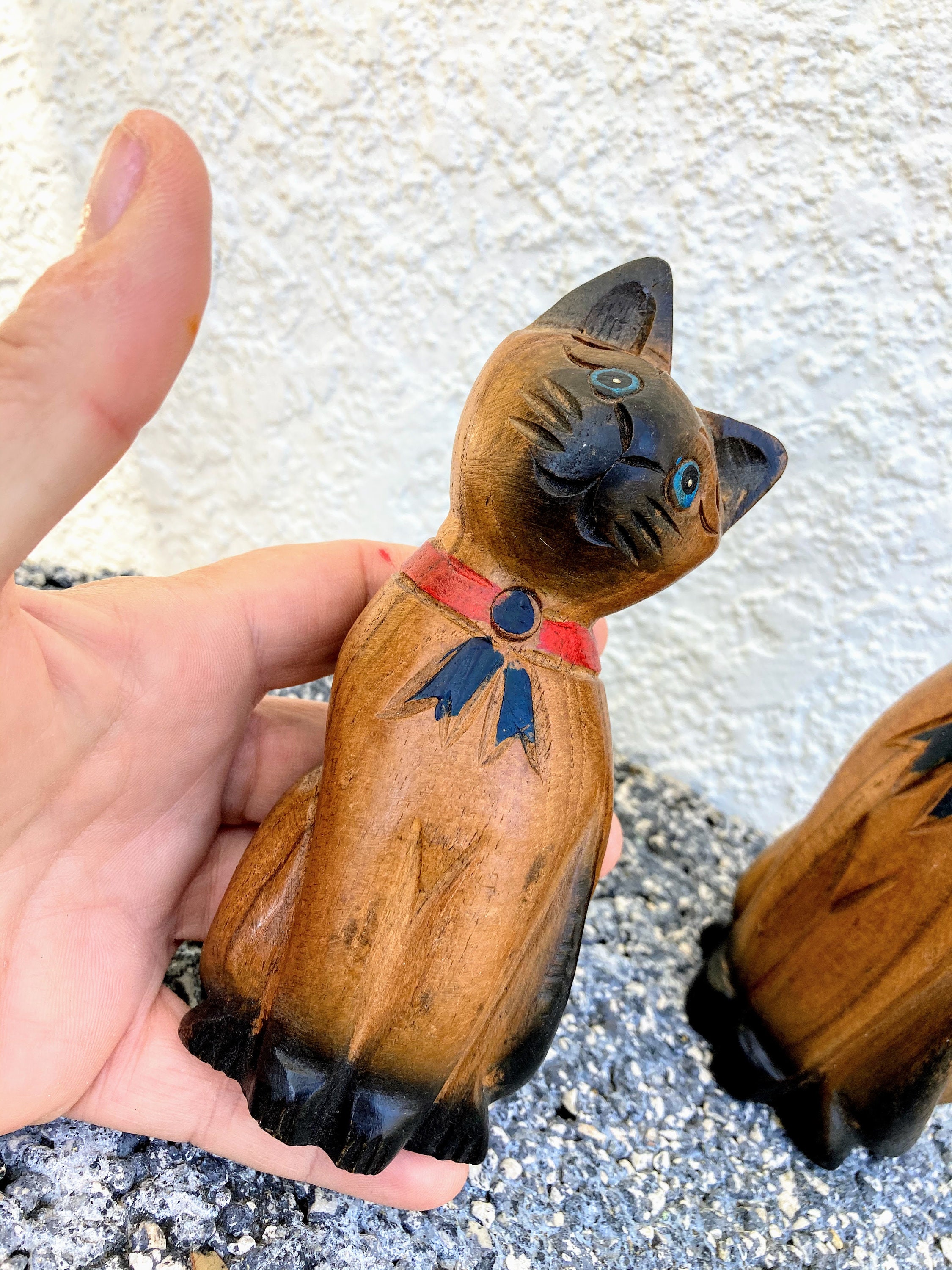 Pair of Wood Carved Cats Hand Carved Kitten Figurines Desk | Etsy
