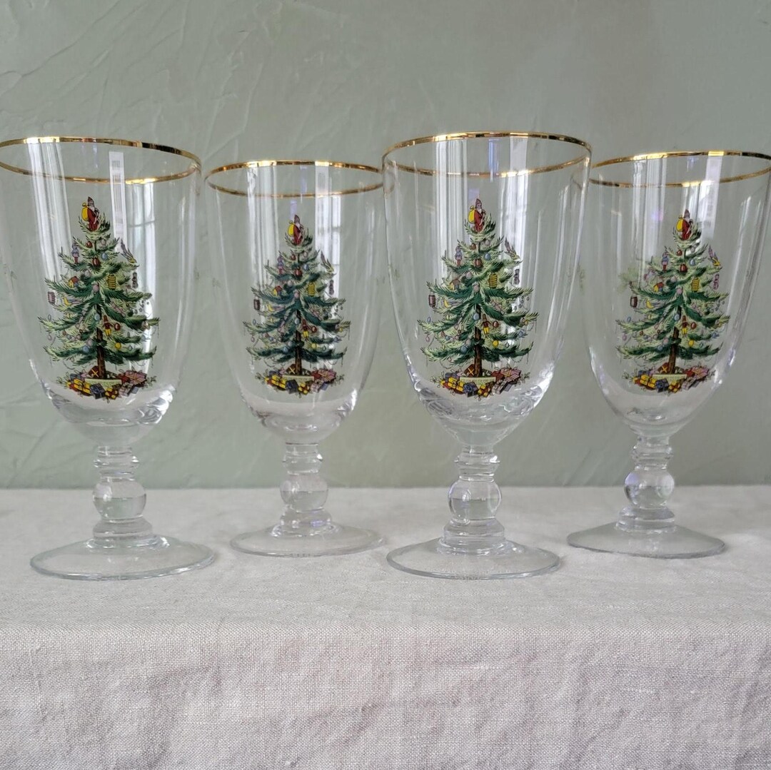 Set of 4 Spode Christmas Tree Gold Rimmed 16 Oz Water Pedestal Goblets ...