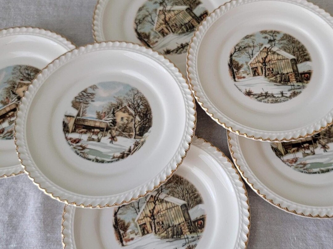 Vintage Harkerware Currier & Ives Bread Accent Plates (set of 6) - Gold ...