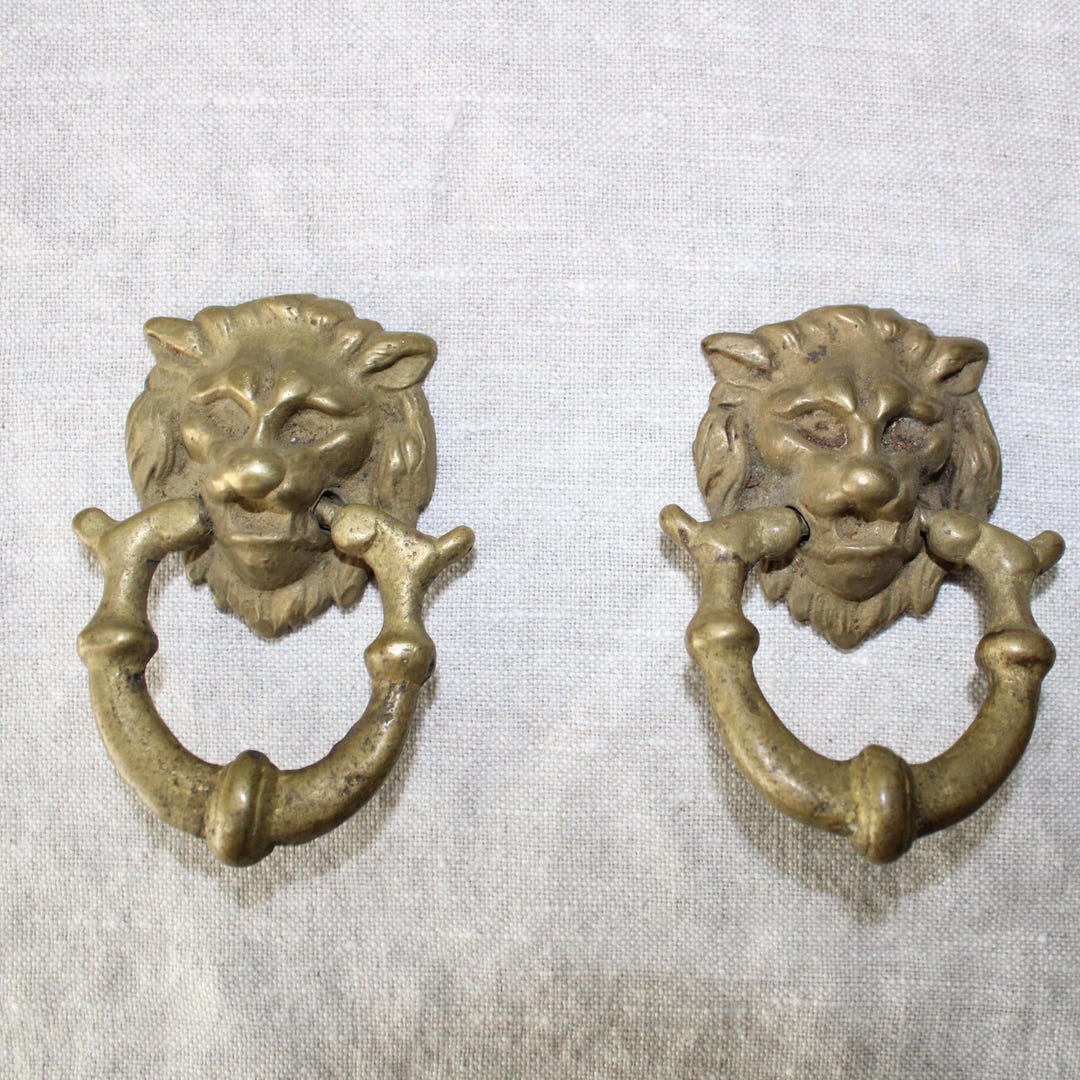 Vintage Set of 2 Brass Lion Head Drawer Pulls, Furniture Knobs, Lion ...