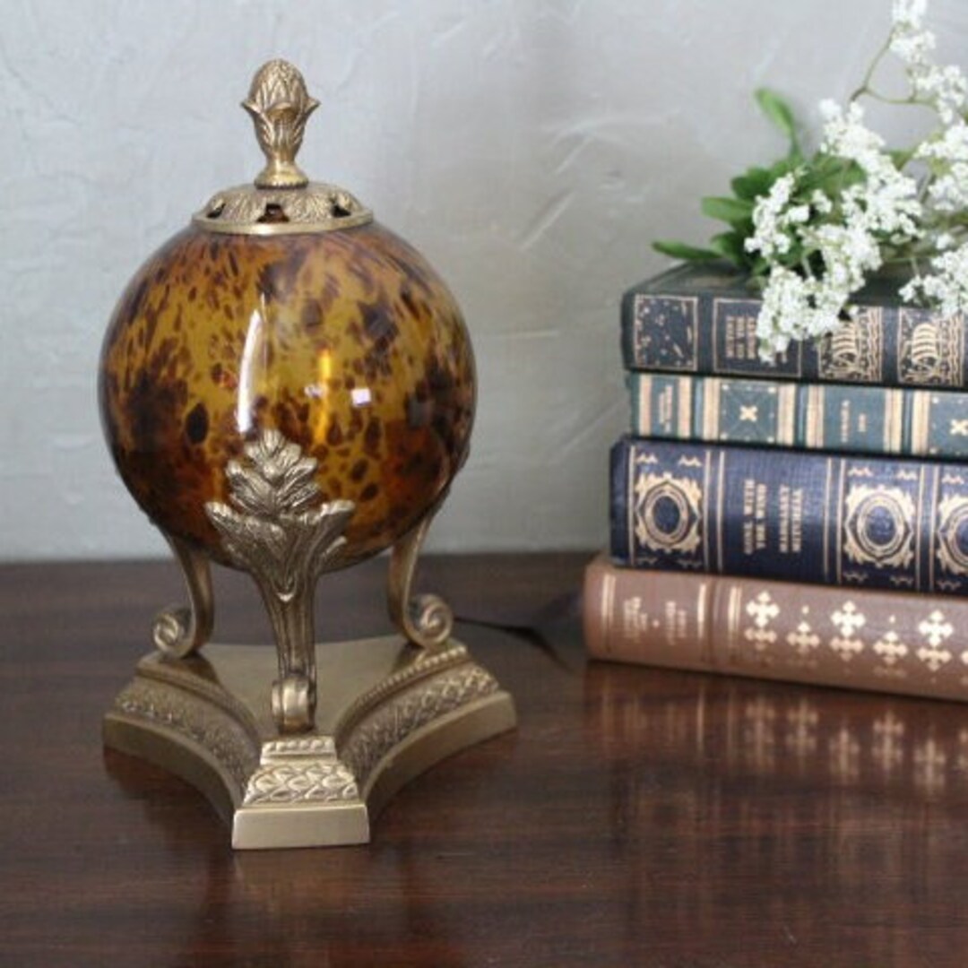 Vintage Bombay Co. Amber Tortoise Shell Sphere on Brass Leaf Stand ...