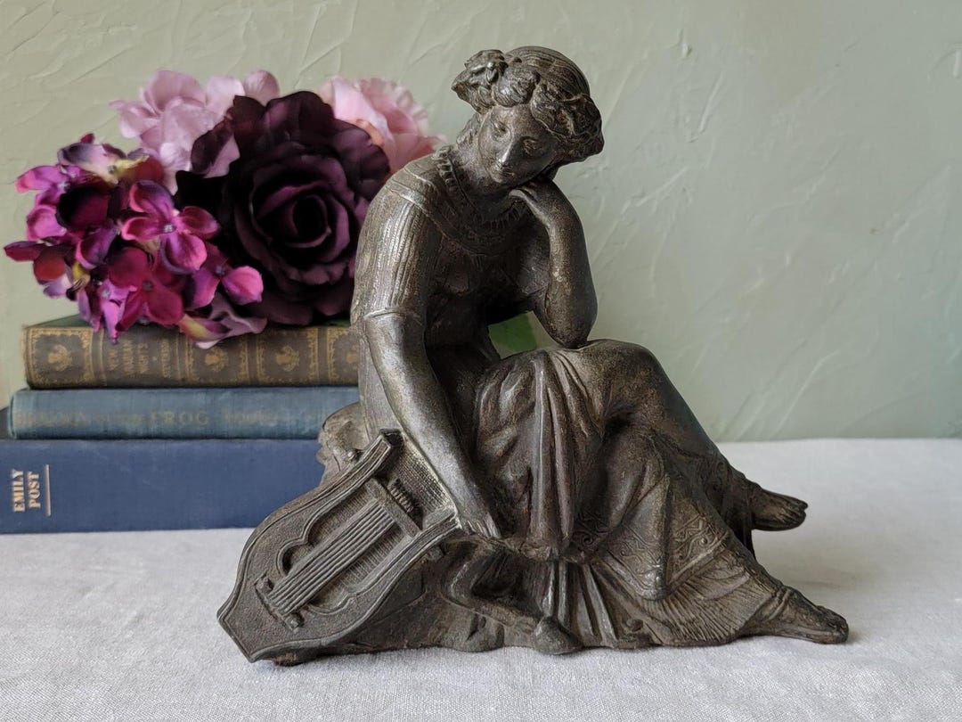 Antique Ansonia Spelter Topper Calliope W/harp Statue, Mantle Clock ...