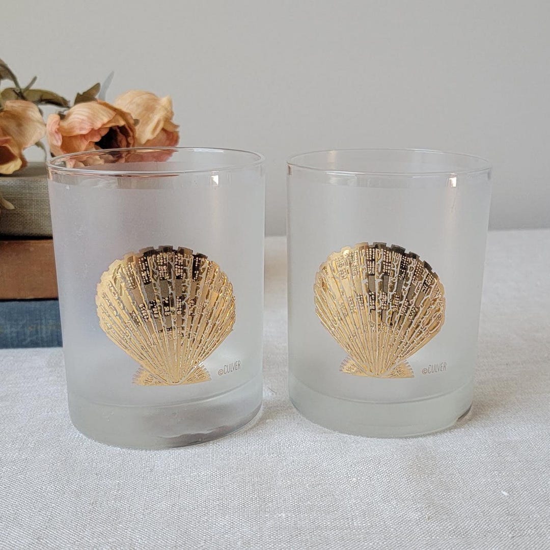 Culver Set/2 22k Gold Frosted Seashell Lowball Glasses, Scallop Shell ...