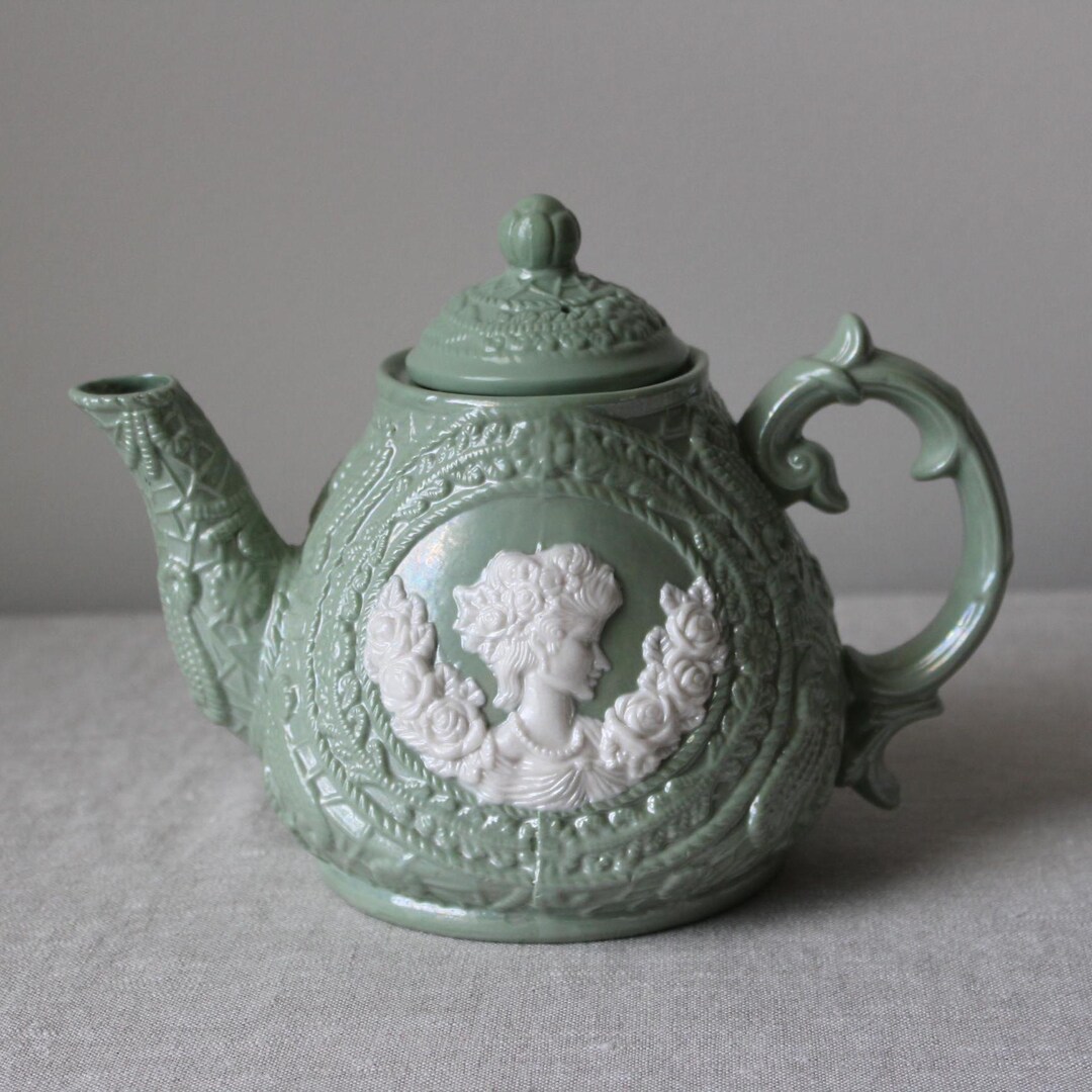 Beautiful Vintage Sage Green Lusterware Cameo Teapot, Wedgewood Style ...