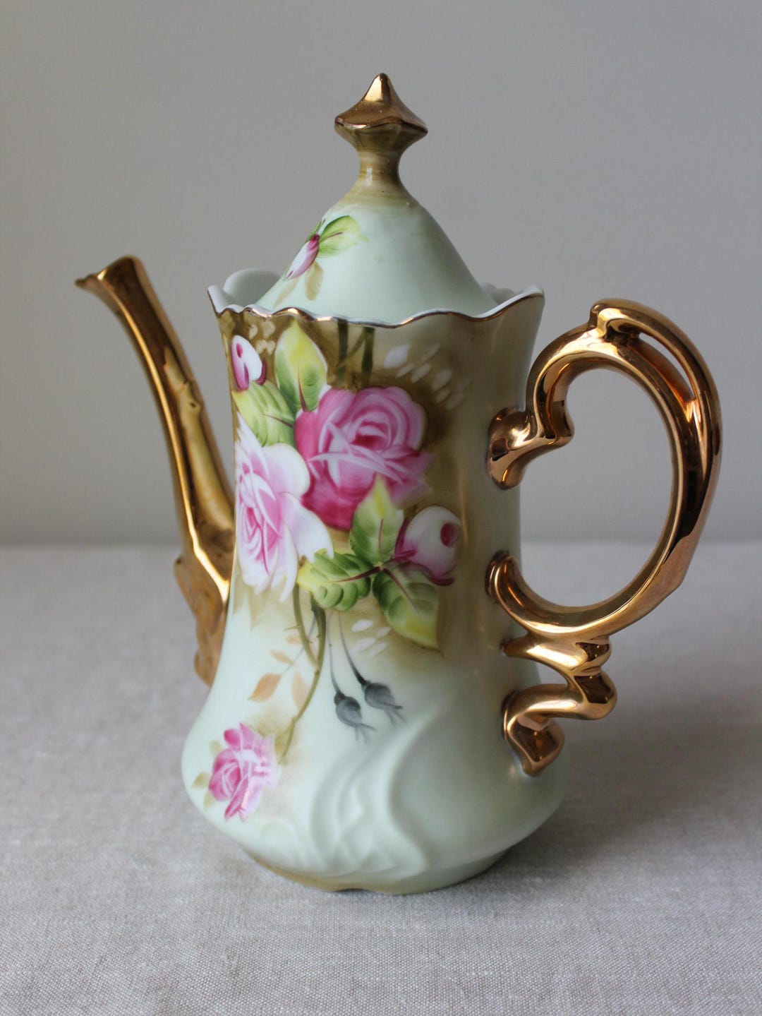 Vintage Lefton Heritage Green Roses Coffee Pot With Gilded Handle and ...