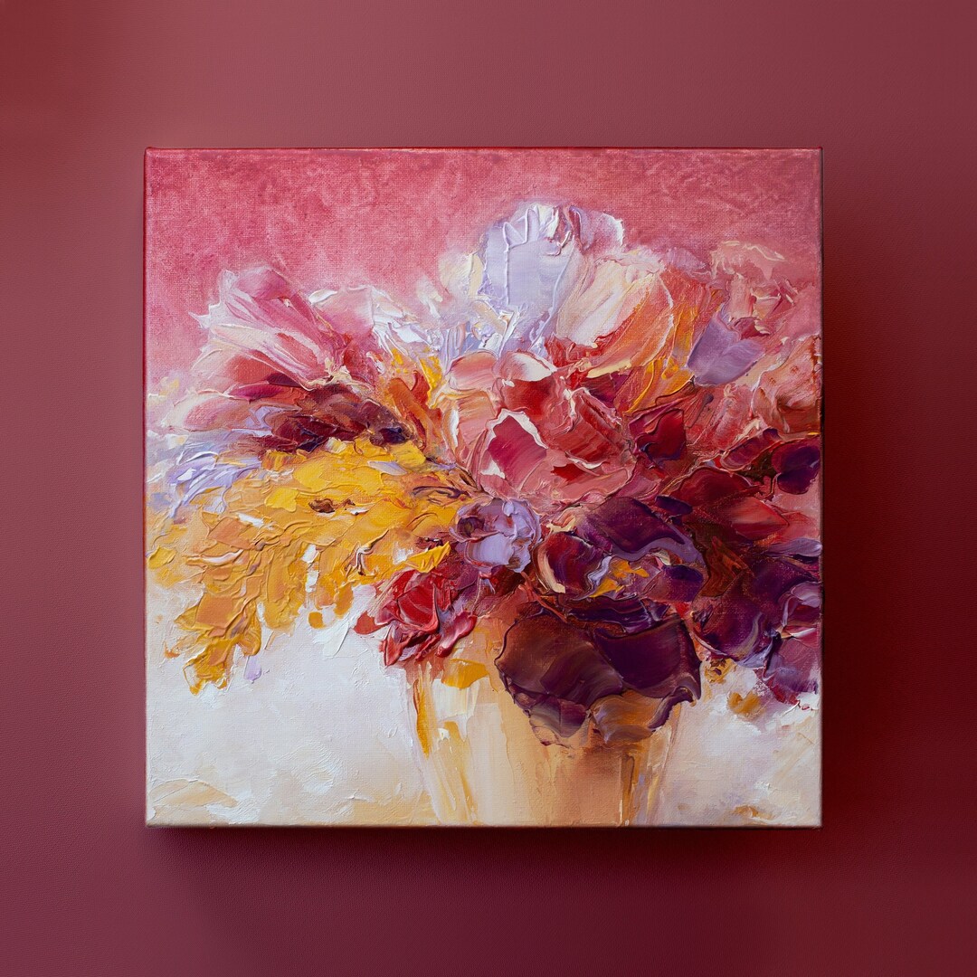 Abstract Floral Oil Painting: Red Impasto Flower Art, 10x10 Canvas - Etsy