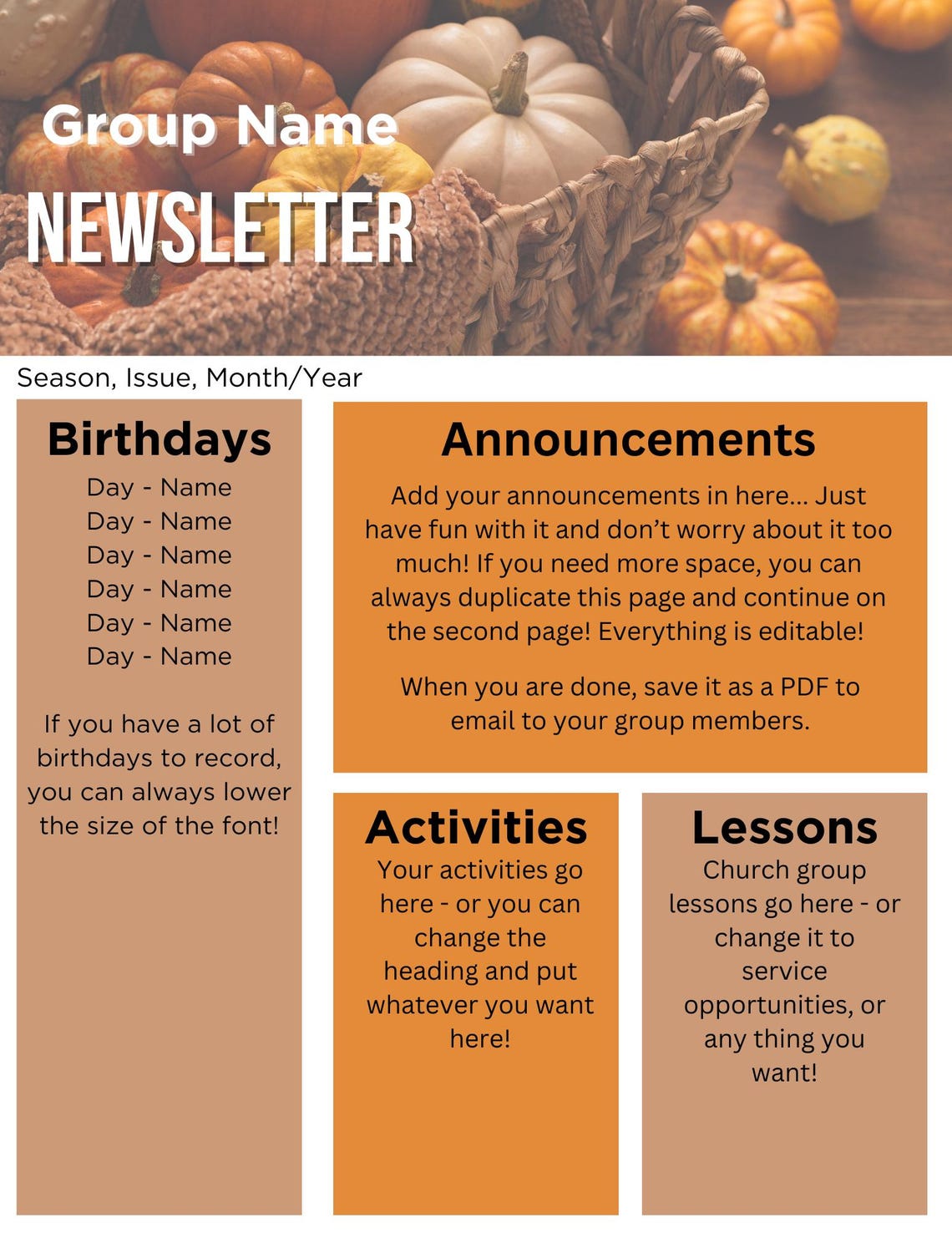 Editable Emailed PDF Autumn Pumpkin Newsletter Template for Church ...