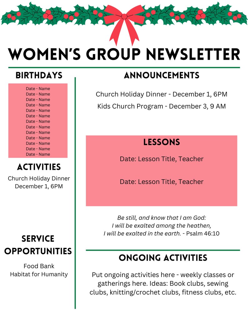 Editable Canva Christmas Garland Women's Group Newsletter Template - Etsy