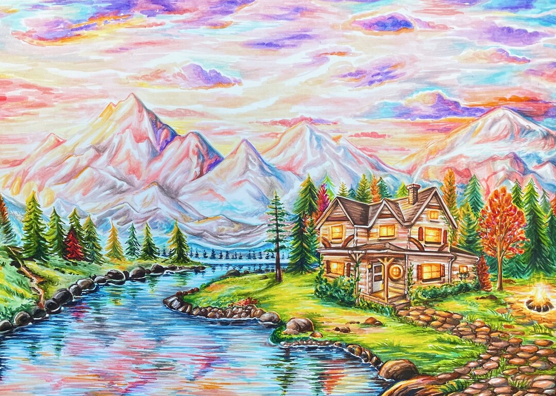 Serene Mountain Home Art Print / Wall Art / Painting of Cozy Cabin ...