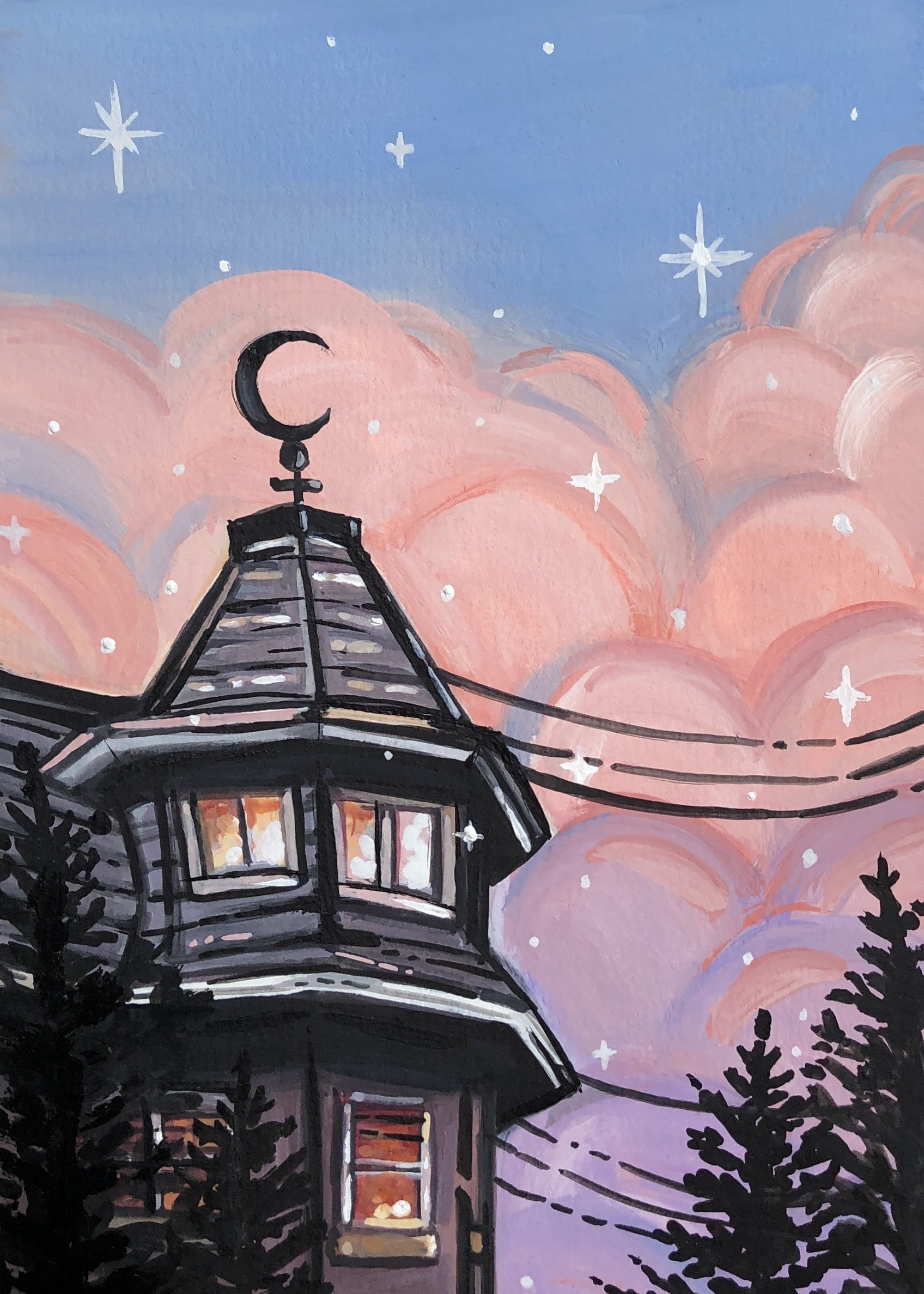 Magical Moon Art Print // Wall Art // Painting of A Mystical House With ...