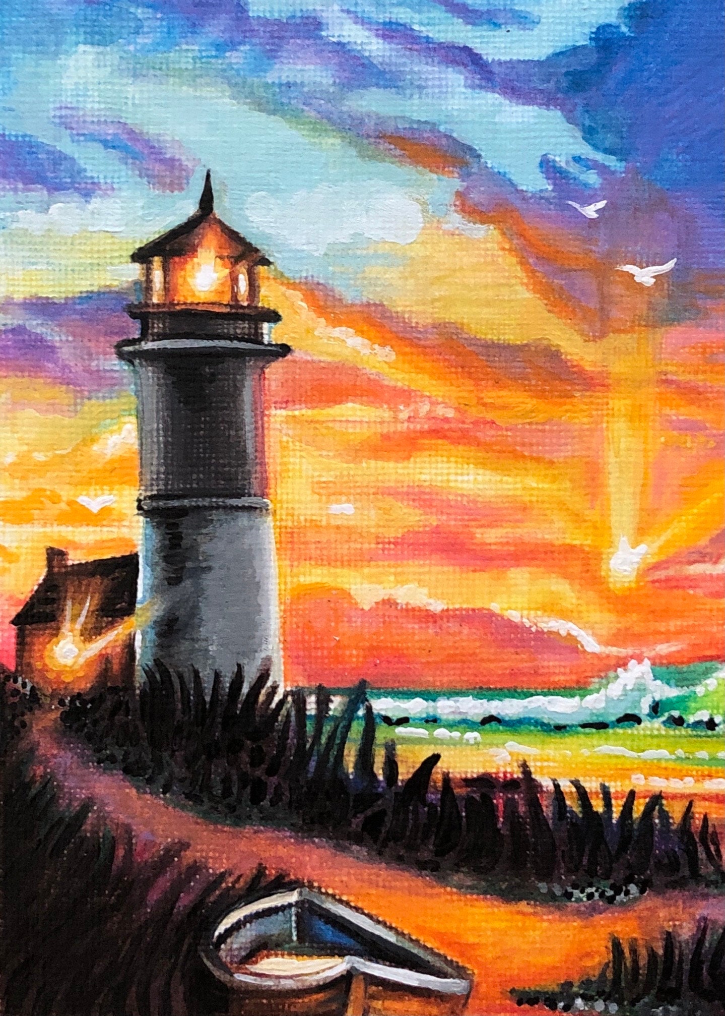 Sunset Lighthouse by the Ocean Art Print / Wall Art / Painting of A ...