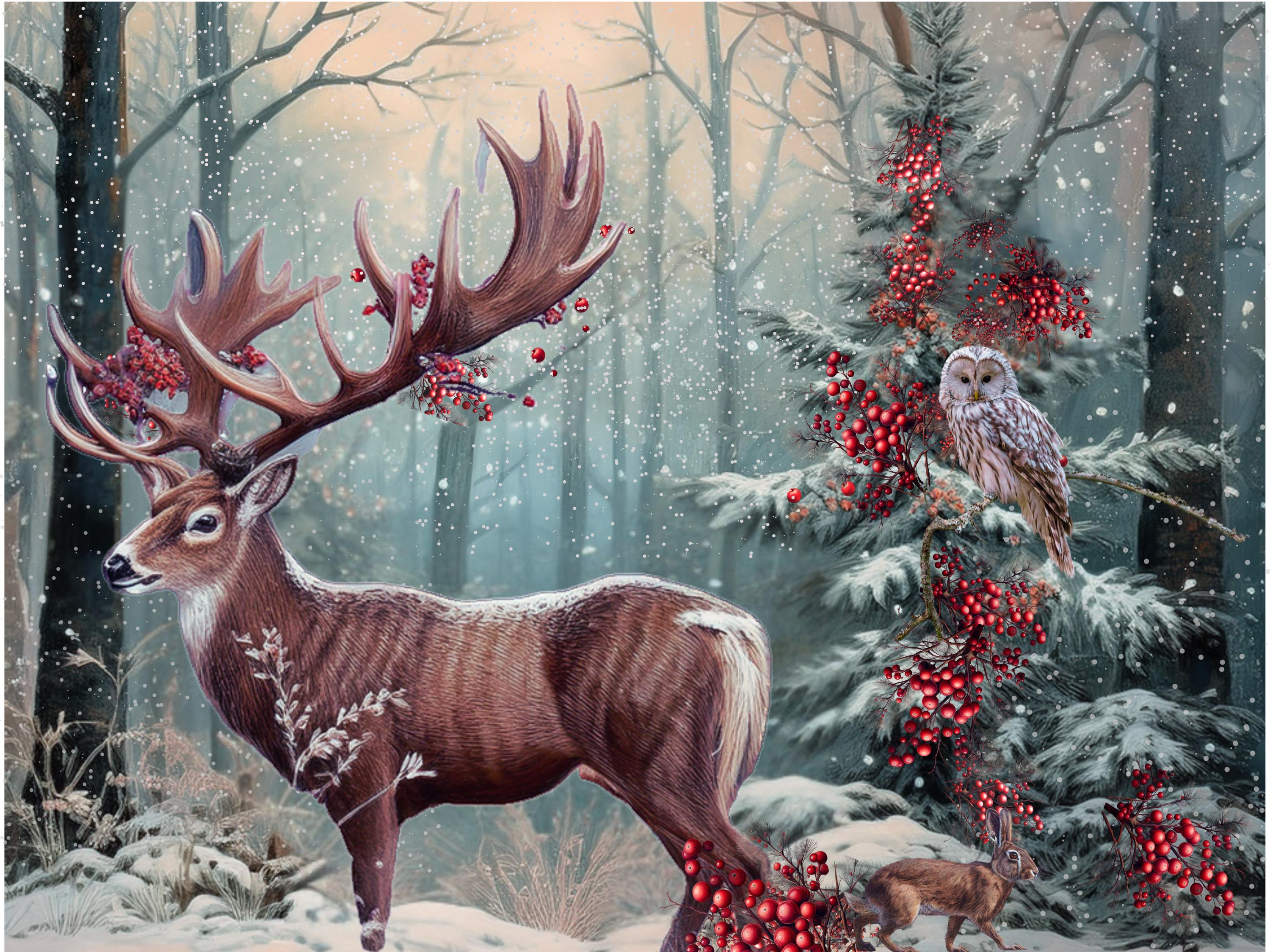 Holiday Cards-woodland Animals, Festive Reindeer, Cardinals, Owl ...