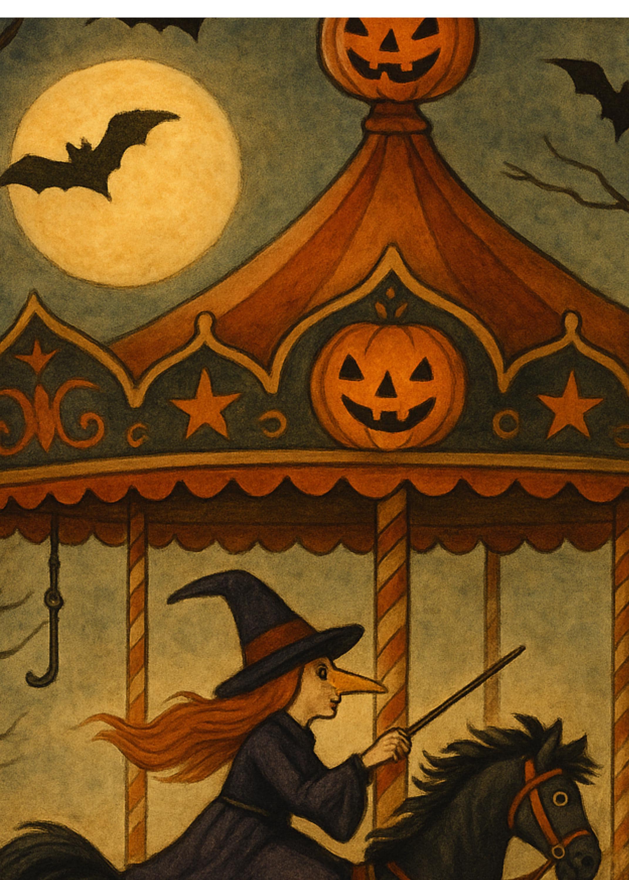 Vintage Halloween Carousel Card or Print: Witch, Ghost & Skeletal ...