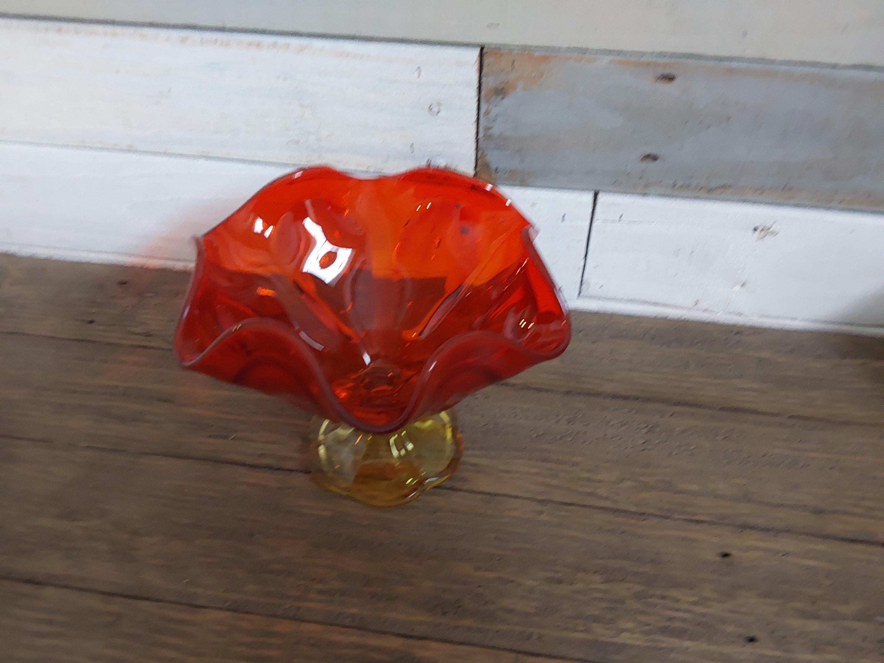 Viking Red Amberina Glass Pedestal Bowl Ruffled Edge Vintage Mid ...