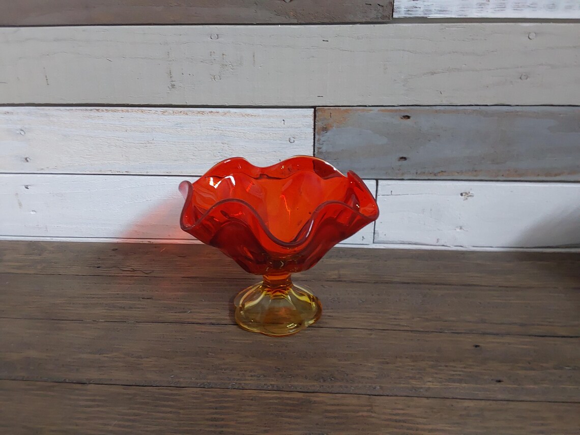 Viking Red Amberina Glass Pedestal Bowl Ruffled Edge Vintage Mid ...