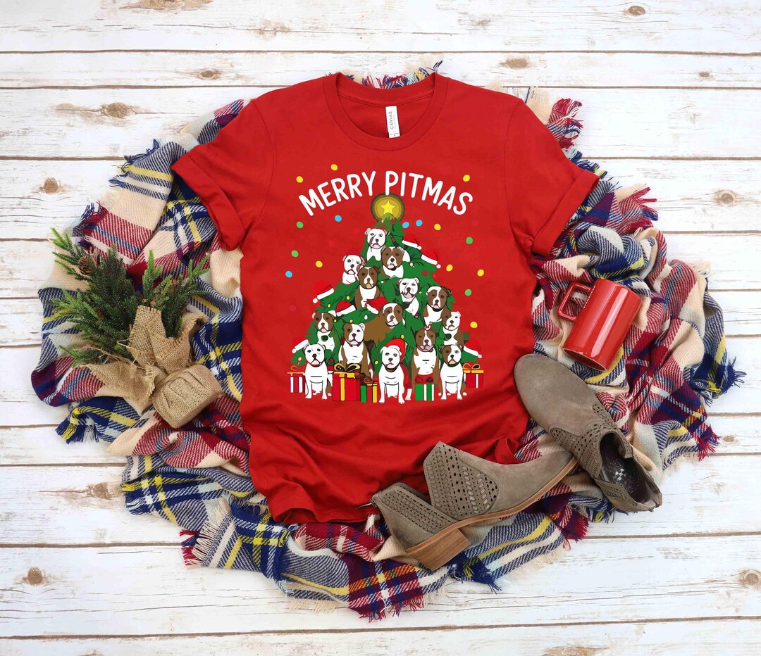 Merry Pitmas Christmas Tree Shirt, Pitbull Mom Holiday Tee - Etsy