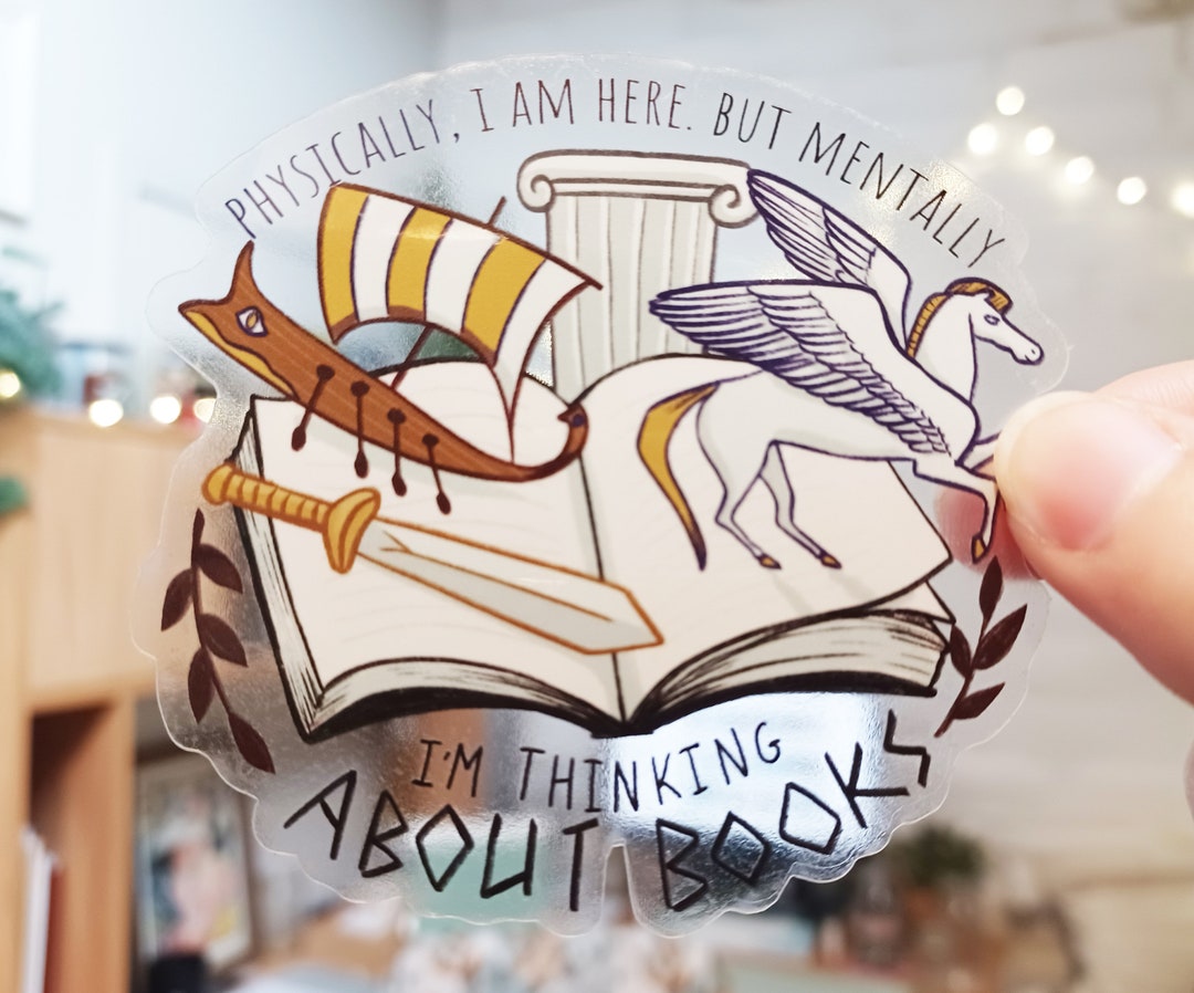 Clear Sticker: Thinking About Books | Greek Mythology Book Lover Humor Meme Pegasus Odysseus ...