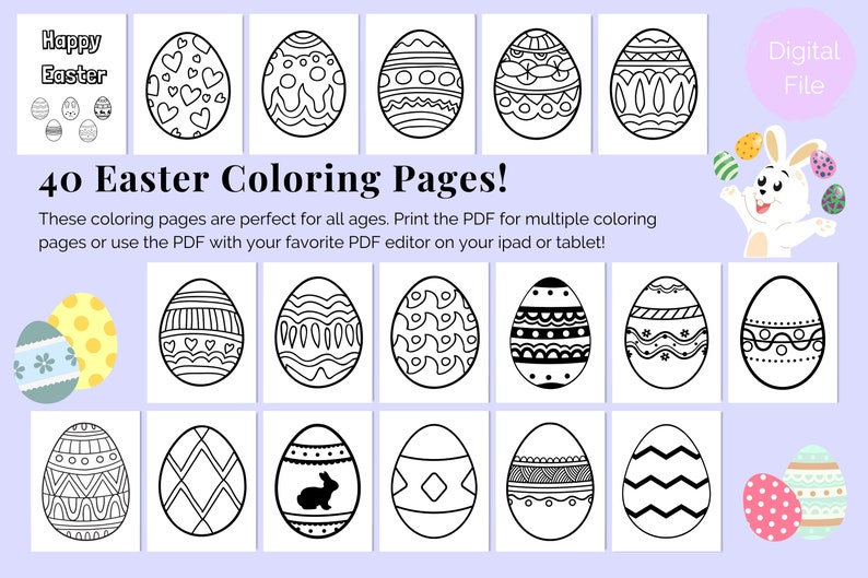 40 Page Printable Easter Egg Coloring PDF Digital File Instant Download ...